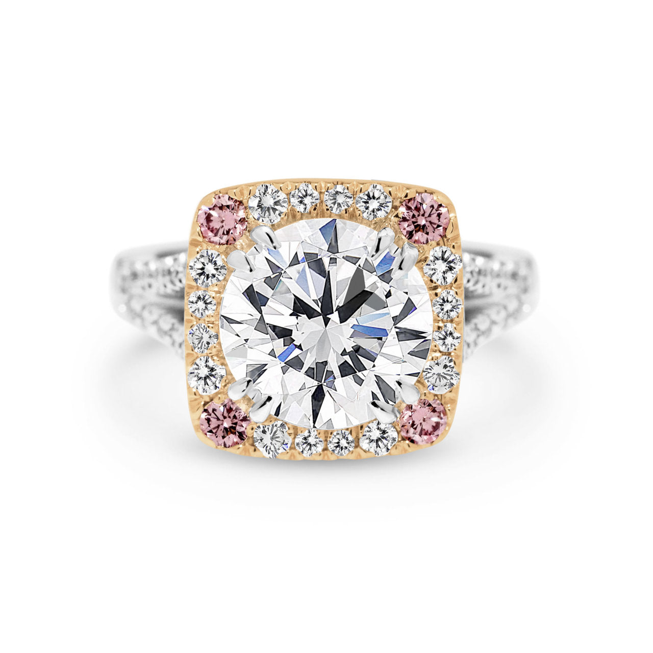 Round Brilliant Diamond Engagement Ring with a Halo + Pink Diamonds ...